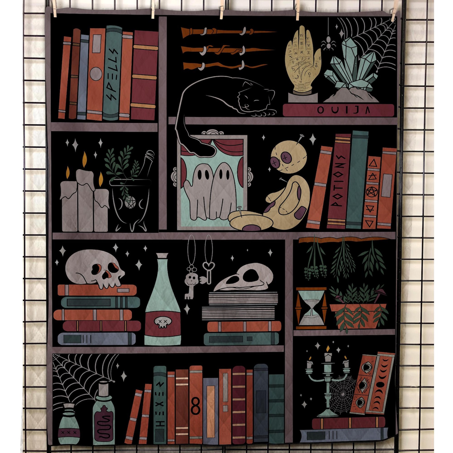 Vintage Halloween Bookcase Bedding Set, Vintage Witch Bookshelf Spooky ...