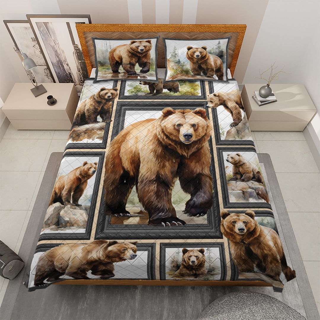 Vintage Brown Bear Patchwork Quilt Bedding Set: Cottagecore Home Decor ...