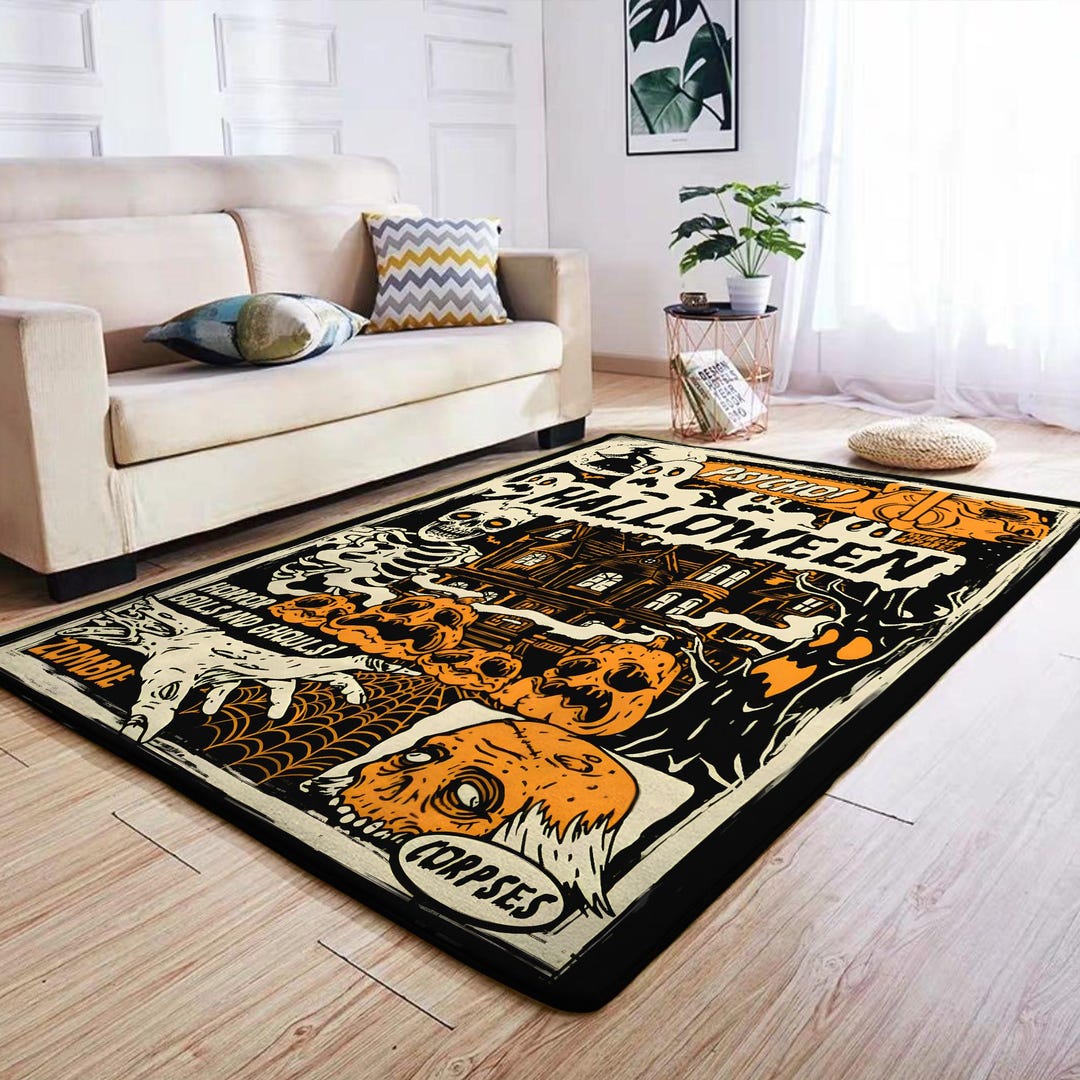 Retro Spooky Season Pumpkin Jack-o'-lantern Rectangle Rug, Psycho ...