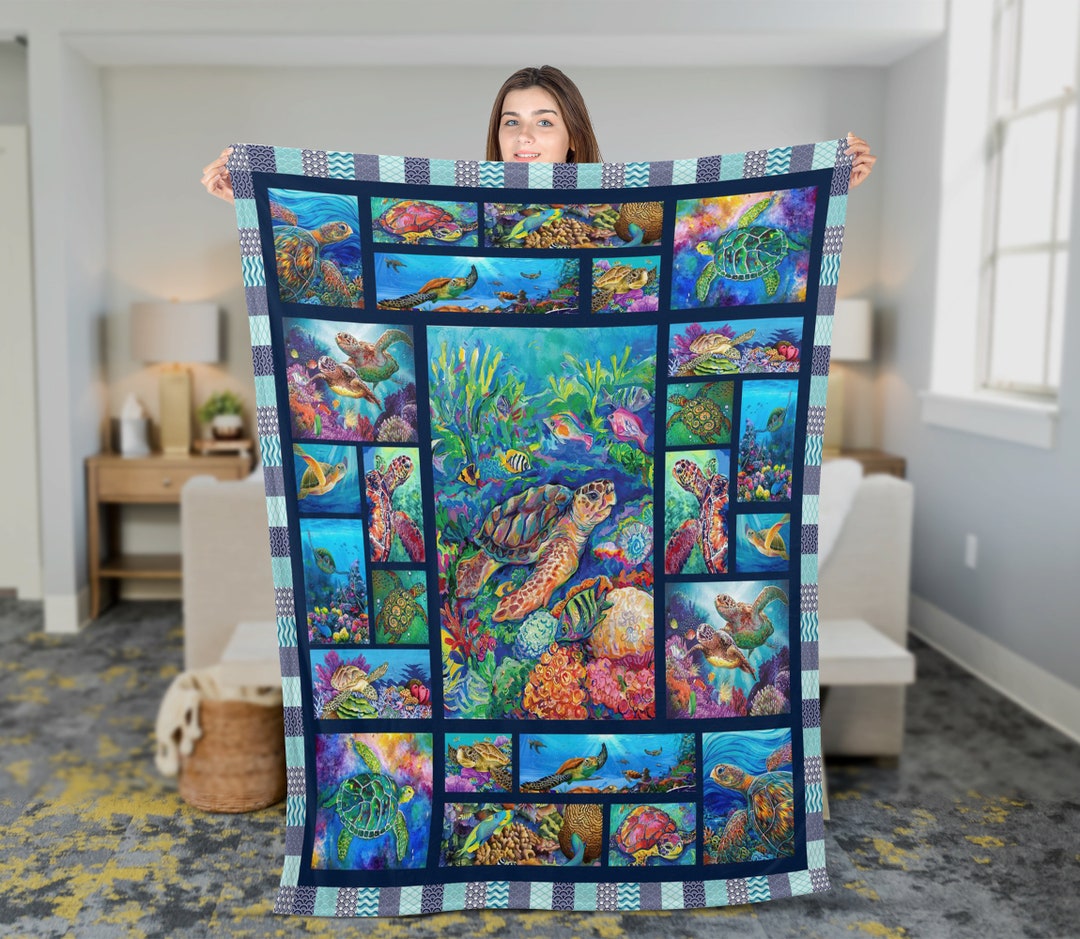 Cute Sea Turtle Fleece Blanket, Colorful Sea Turtle Sherpa Blanket ...