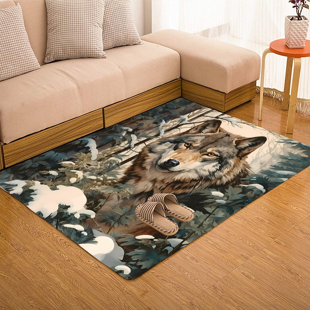 Vintage Gray Wolf Rectangle Rug, Christmas Home Decor Rug, Modern Rug ...