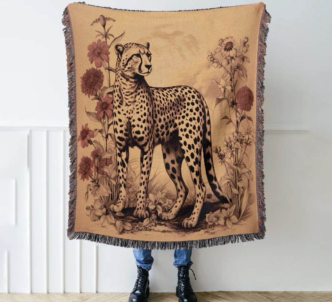 Vintage Floral Cheetah Woven Throw Blanket: Retro Cottagecore Tapestry ...