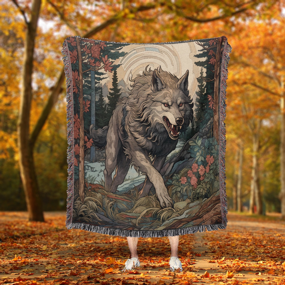 Vintage Gray Wolf Woven Throw Blanket, Forest Wolf Woven Cotton Wall ...