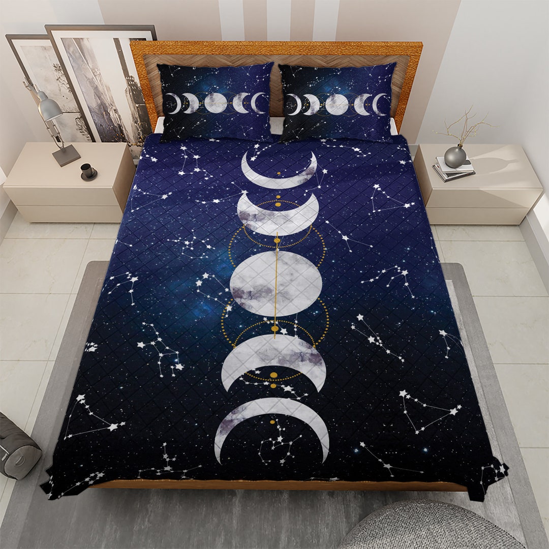 Celestial Moon Phases Quilt Bedding Set: Stars Polyester Blanket - Etsy