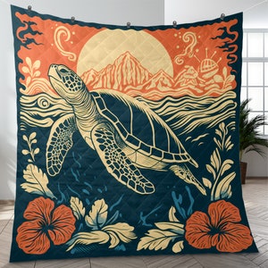 Vintage Sea Turtle With Hibiscus Flowers Quilt Bedding Set, Retro ...