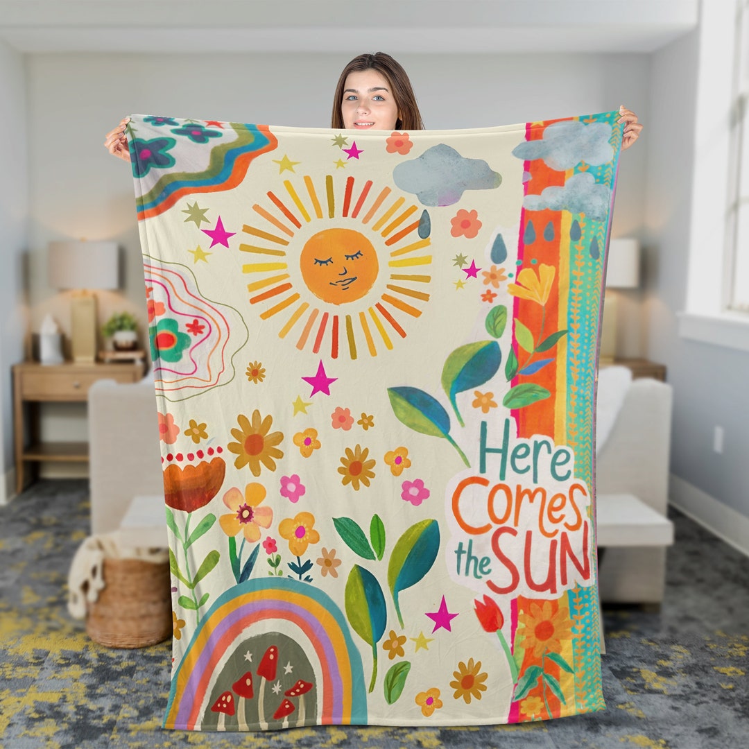 Vintage Hippie Sun and Moon Flowers Woven Throw Blanket, Retro Woven ...