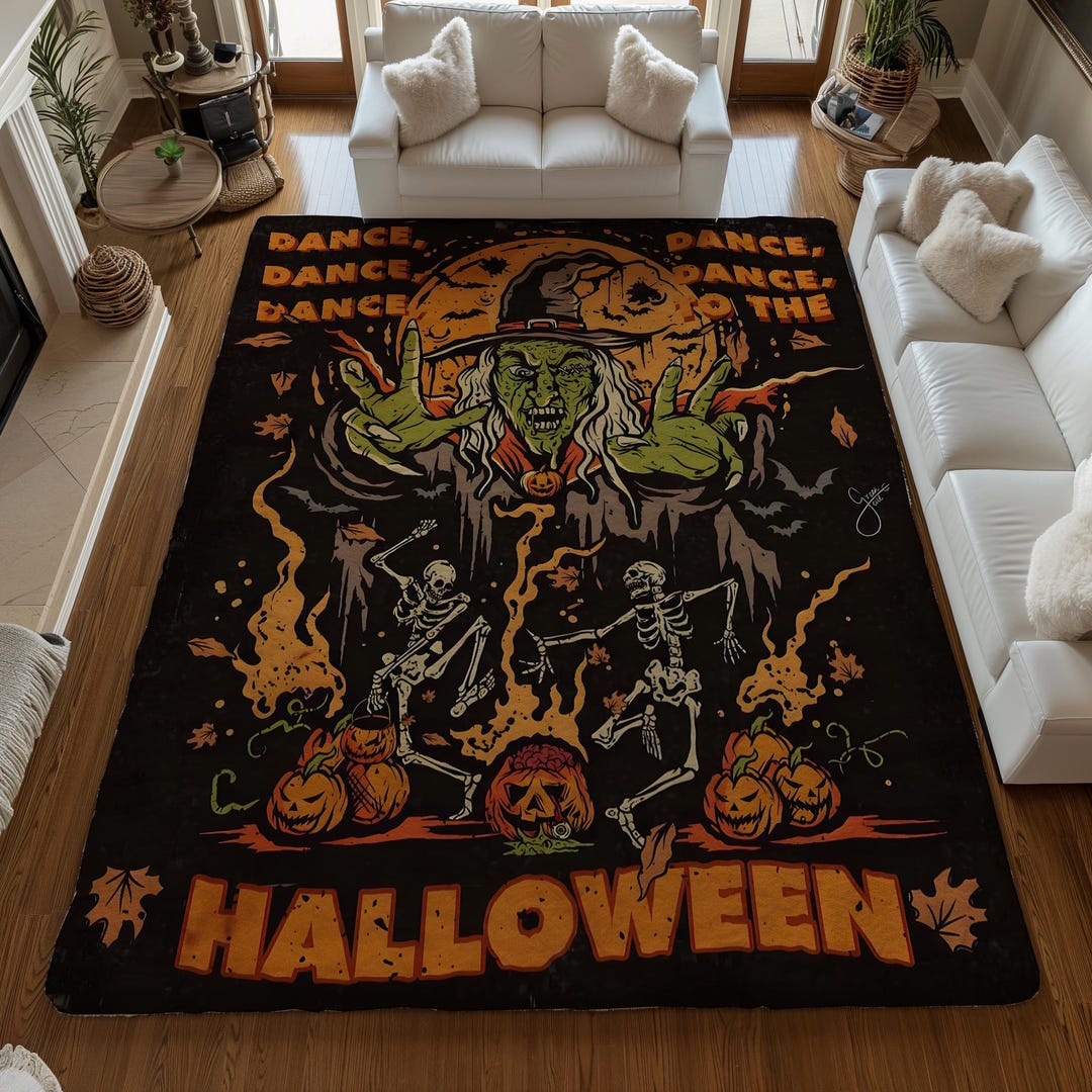 Dancing Skull and Witch Halloween Rectangle Rug, Scary Witch Carpet ...