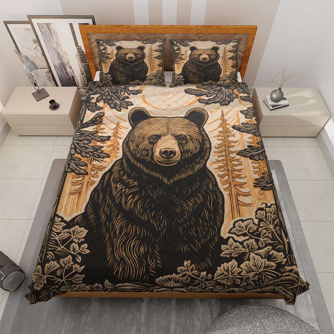 Steampunk Brown Bear in the Forest Quilt Bedding Set, Retro Wildlife ...