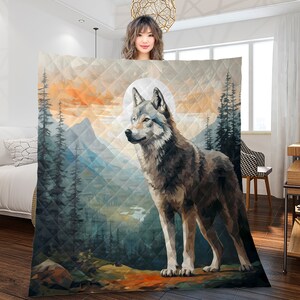 Vintage Gray Wolf in the Forest Quilt Bedding Set, Retro Gray Wolf ...