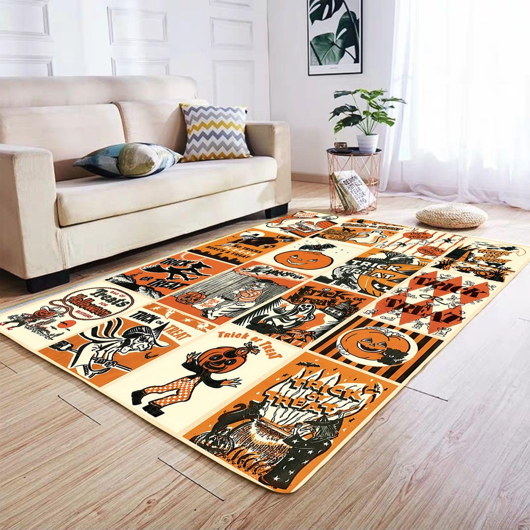 Vintage Spooky Season Jack-o'-latern Pumpkin Halloween Rectangle Rug ...