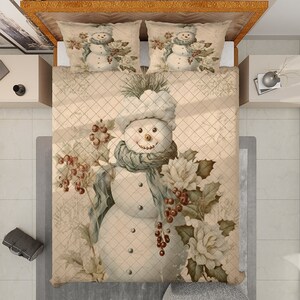 Vintage Snowman Christmas Quilt Bedding Set: Floral Cottagecore Decor ...