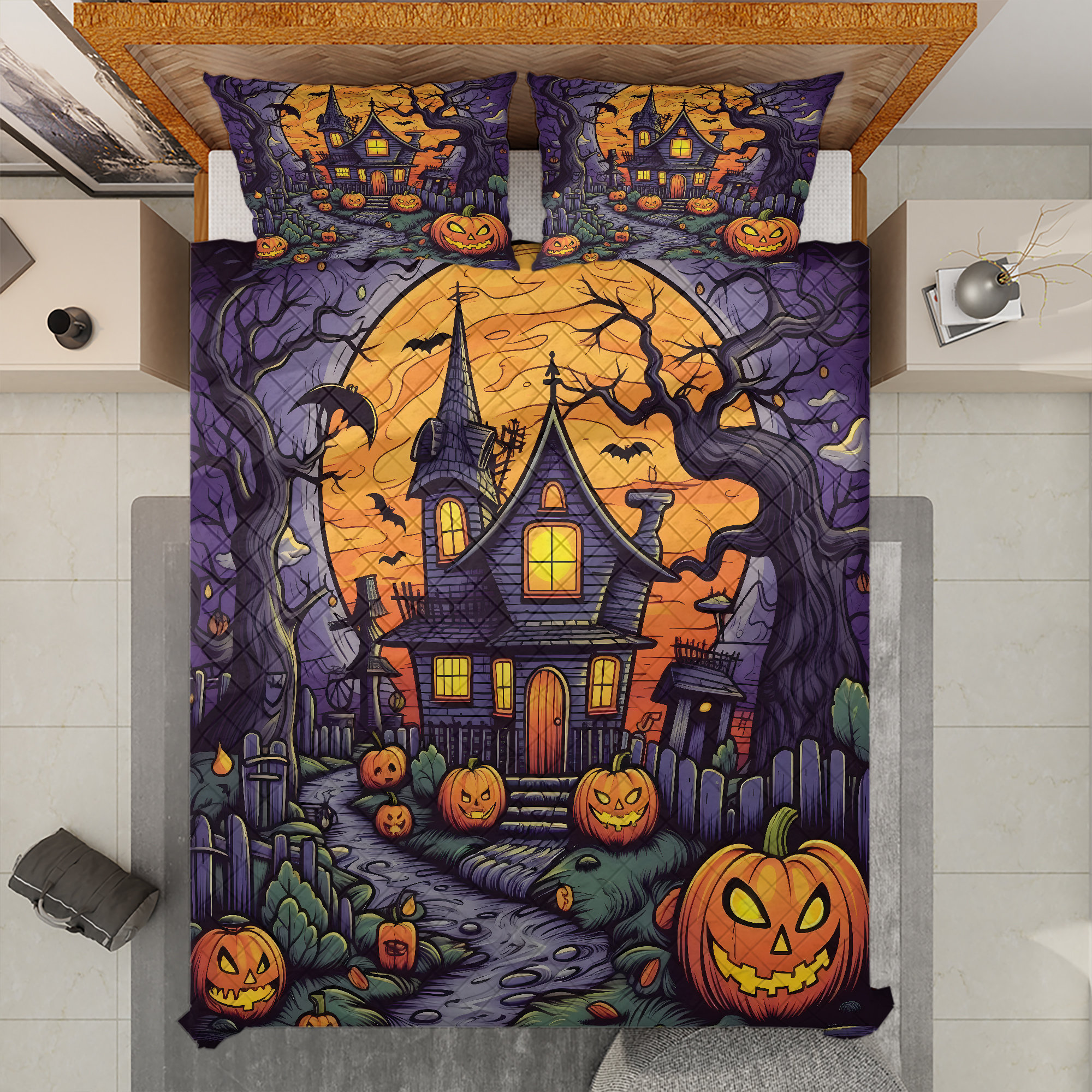 Vintage Haunted House Halloween Quilt Bedding set, Retro Trick or treat ...