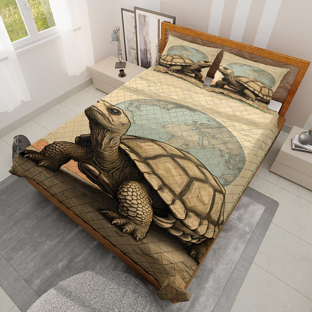 Vintage Sea Turtle on the Earth Quilt Bedding Set, Retro Turtle Quilt ...