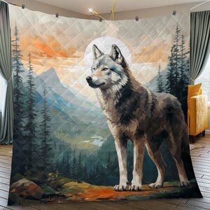 Vintage Gray Wolf in the Forest Quilt Bedding Set, Retro Gray Wolf ...