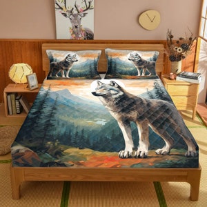 Vintage Gray Wolf in the Forest Quilt Bedding Set, Retro Gray Wolf ...