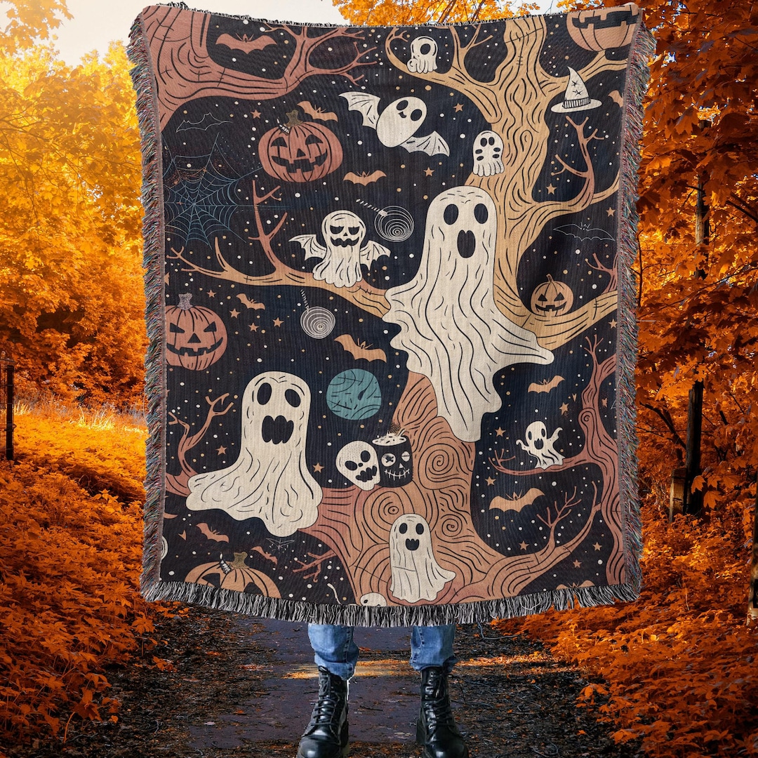 Vintage Peek a Boo Halloween Tree Pumpkin Woven Throw Blanket, Jack-o ...