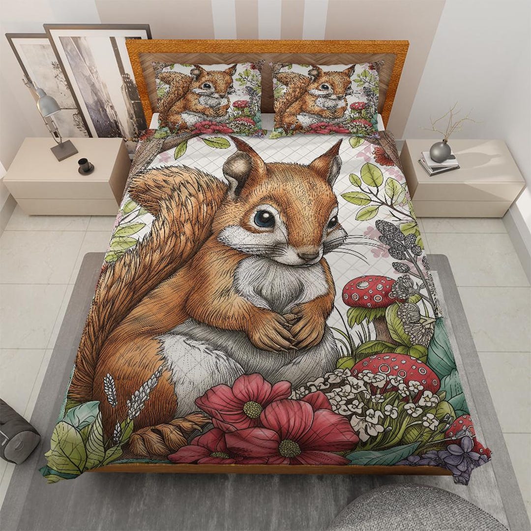 Vintage Squirrel Floral Quilt Bedding Set: Cottagecore Christmas Decor ...