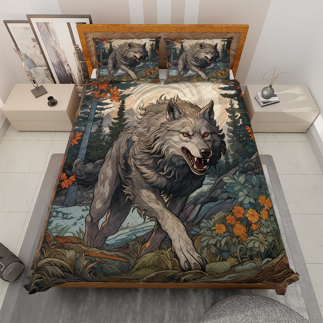 Vintage Scary Wolf in the Forest Quilt Bedding Set, Retro Gray Wolf ...