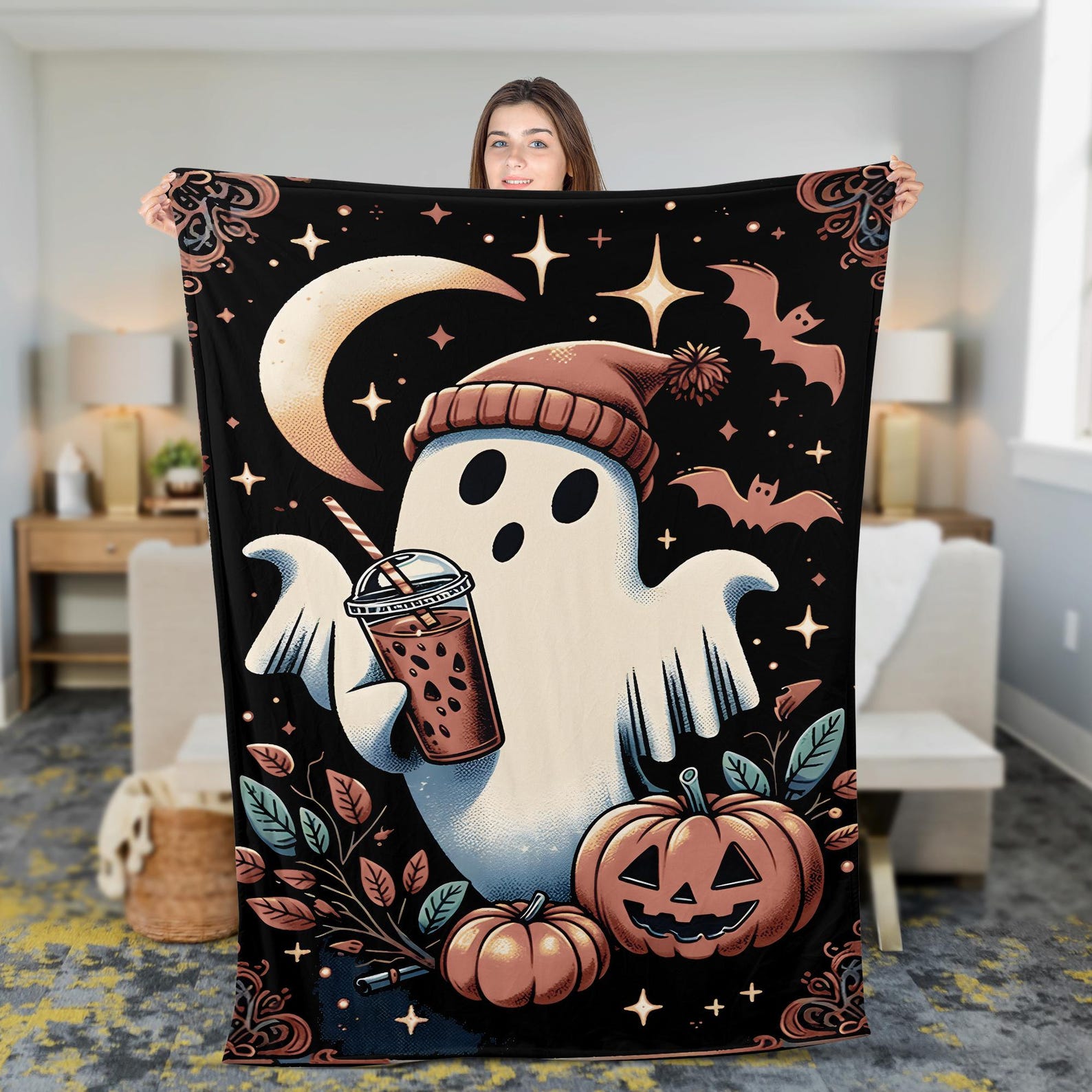 Personalized Boo Halloween Woven Throw Blanket, Customized Name ...