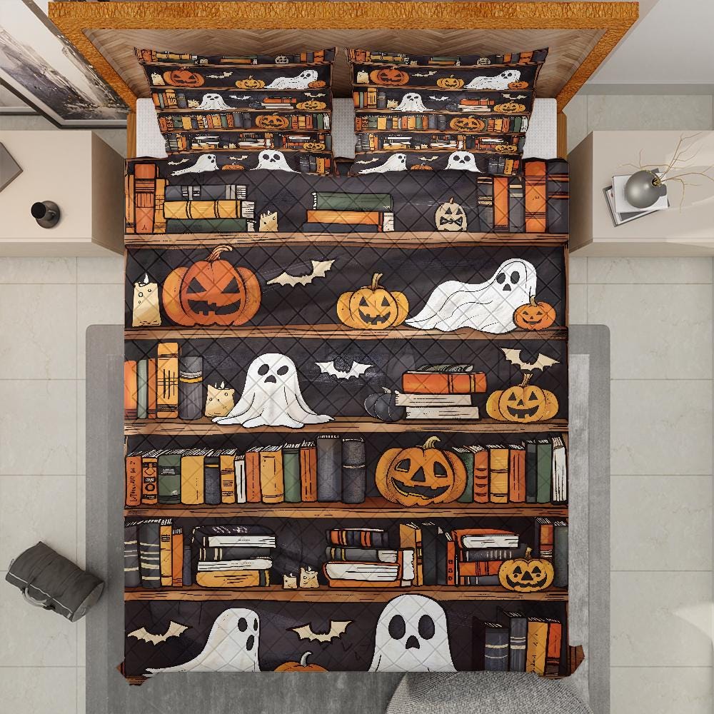 Spooky Season Bookshelf Quilt Bedding Set: Ghost, Witch & Jack-o ...