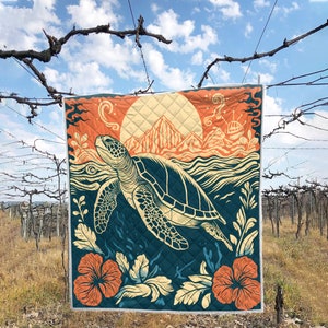 Vintage Sea Turtle With Hibiscus Flowers Quilt Bedding Set, Retro ...
