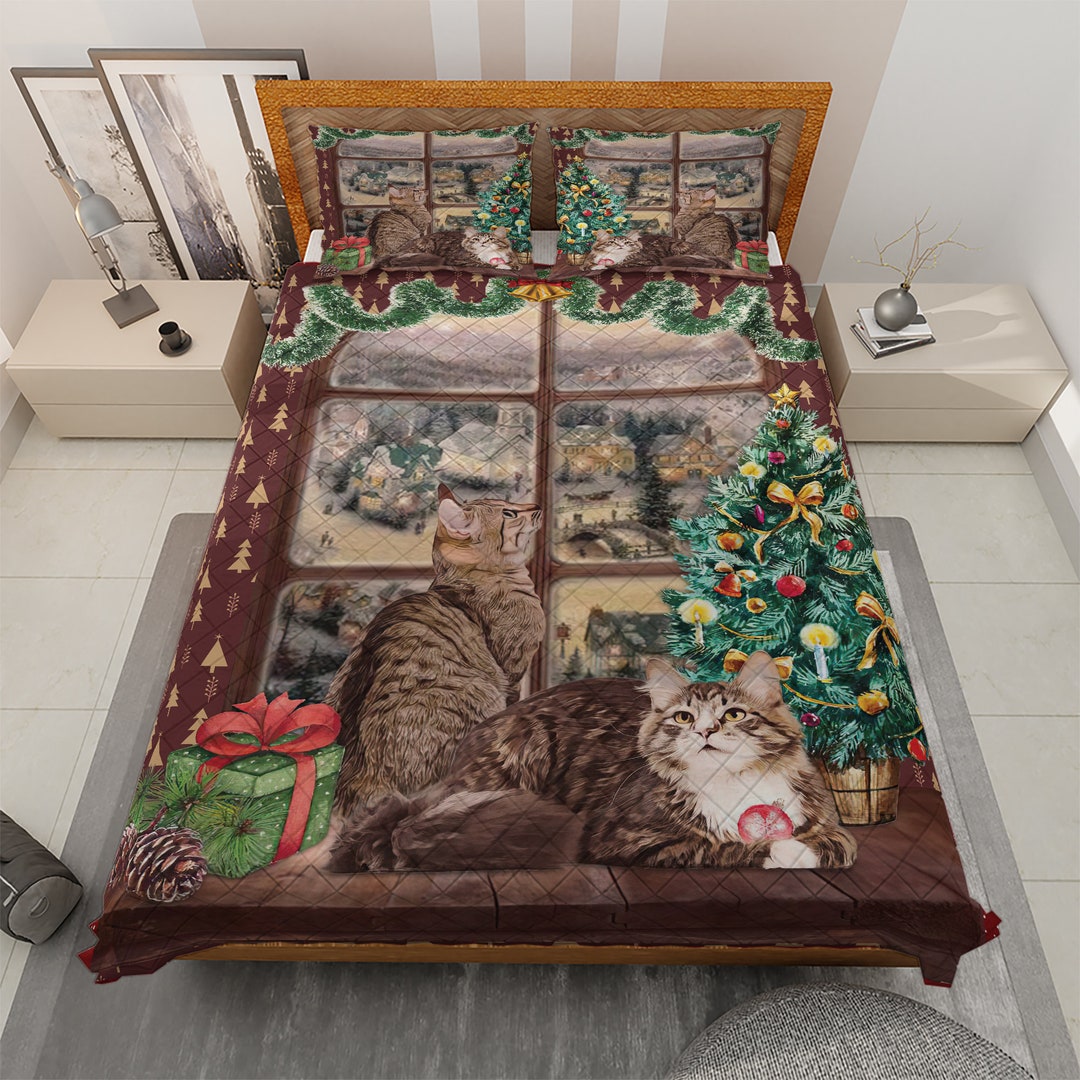 Retro Cute Cats Christmas Quilt Bedding Set, Christmas Couple Cat Quilt ...