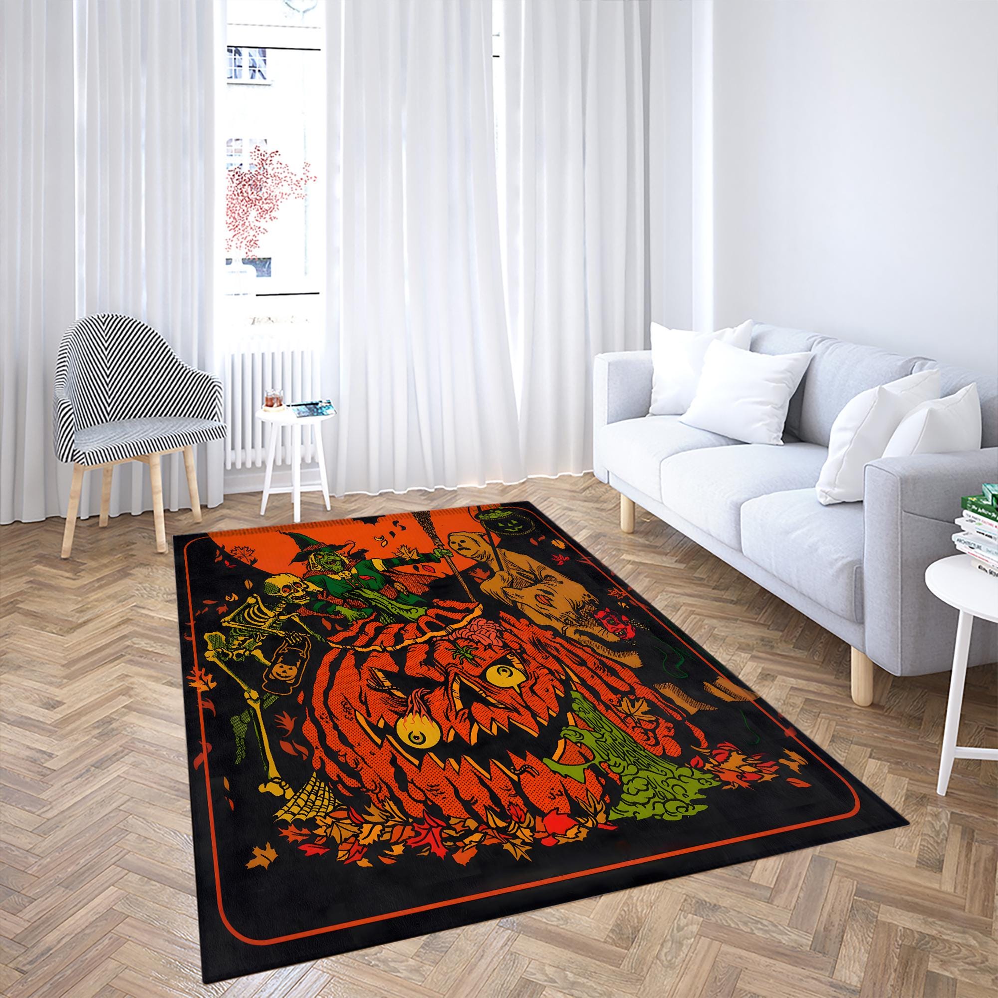 Retro Scary Witch With Skull Pumpkin Rectangle Rug, Jack-o'-lantern ...