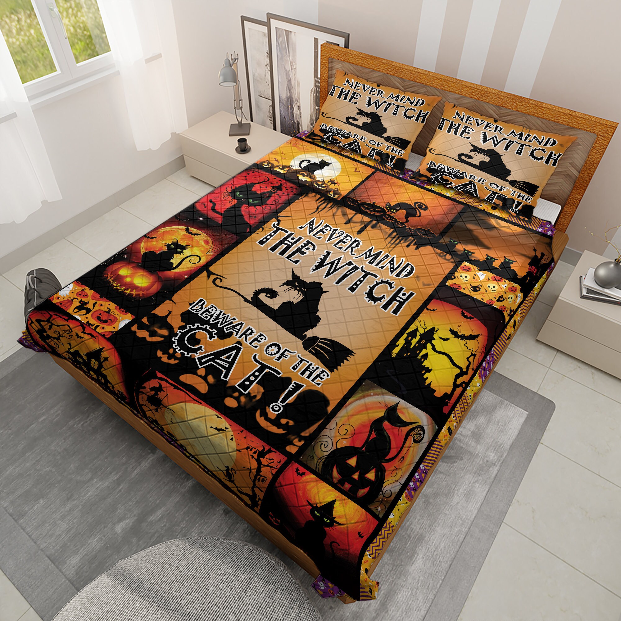Vintage Black Cat Witch Halloween Bedding set, Nevermind the Witch ...