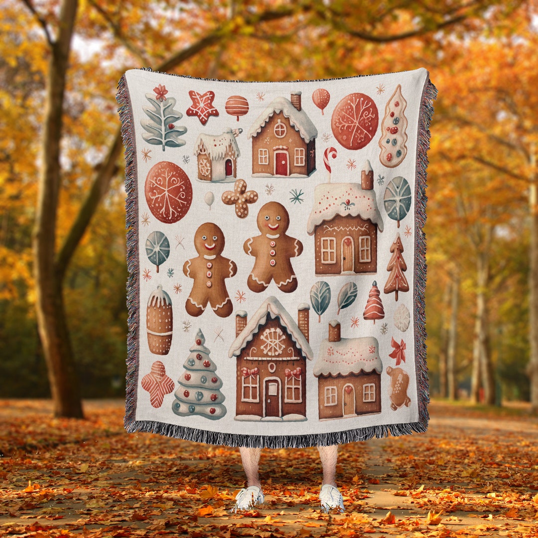 Cute Gingerbread Christmas Blanket, Vintage Woven Cotton Blanket ...