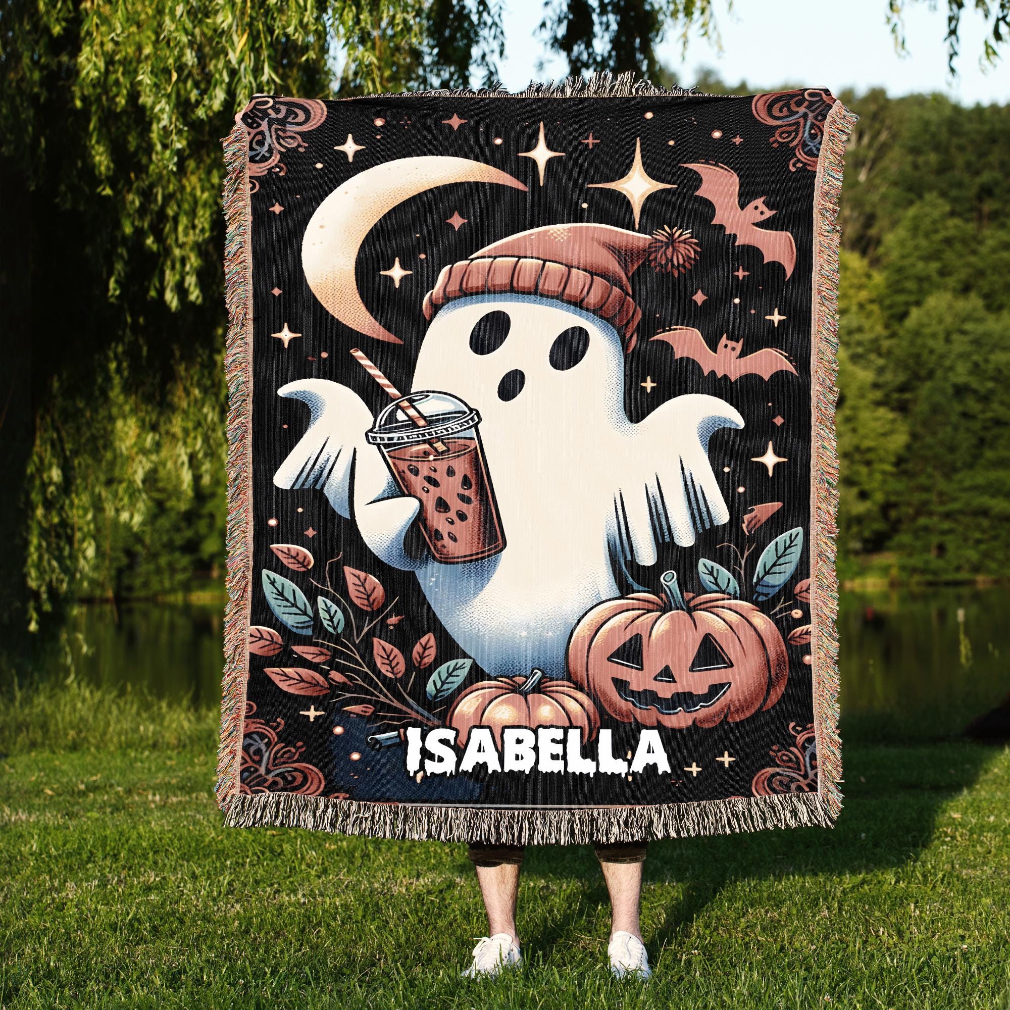 Personalized Boo Halloween Woven Throw Blanket, Customized Name ...