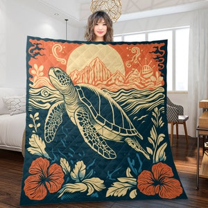 Vintage Sea Turtle With Hibiscus Flowers Quilt Bedding Set, Retro ...