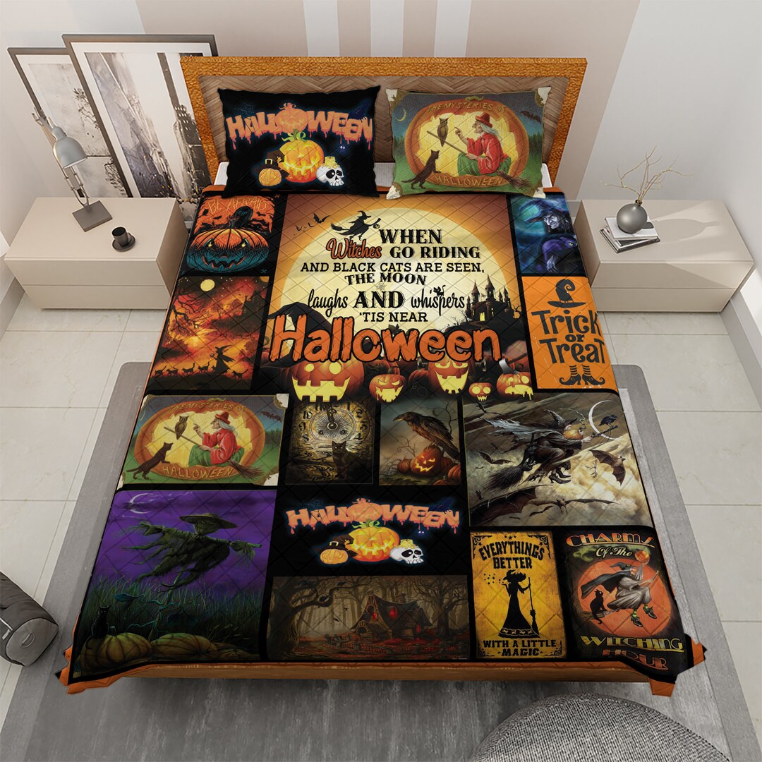 Vintage Witch Halloween Quilt Bedding Set: Retro Decor - Etsy