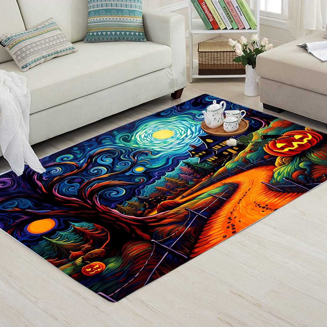 Retro Haunted House in Starry Night Halloween Rectangle Rug, Jack-o ...