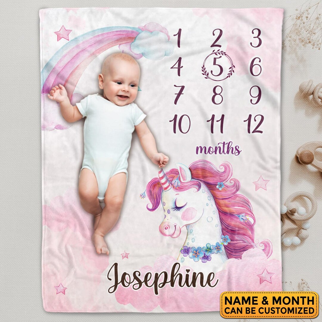 Personalized Unicorn Baby Monthly Milestone Throw Blanket, Newborn Boy ...