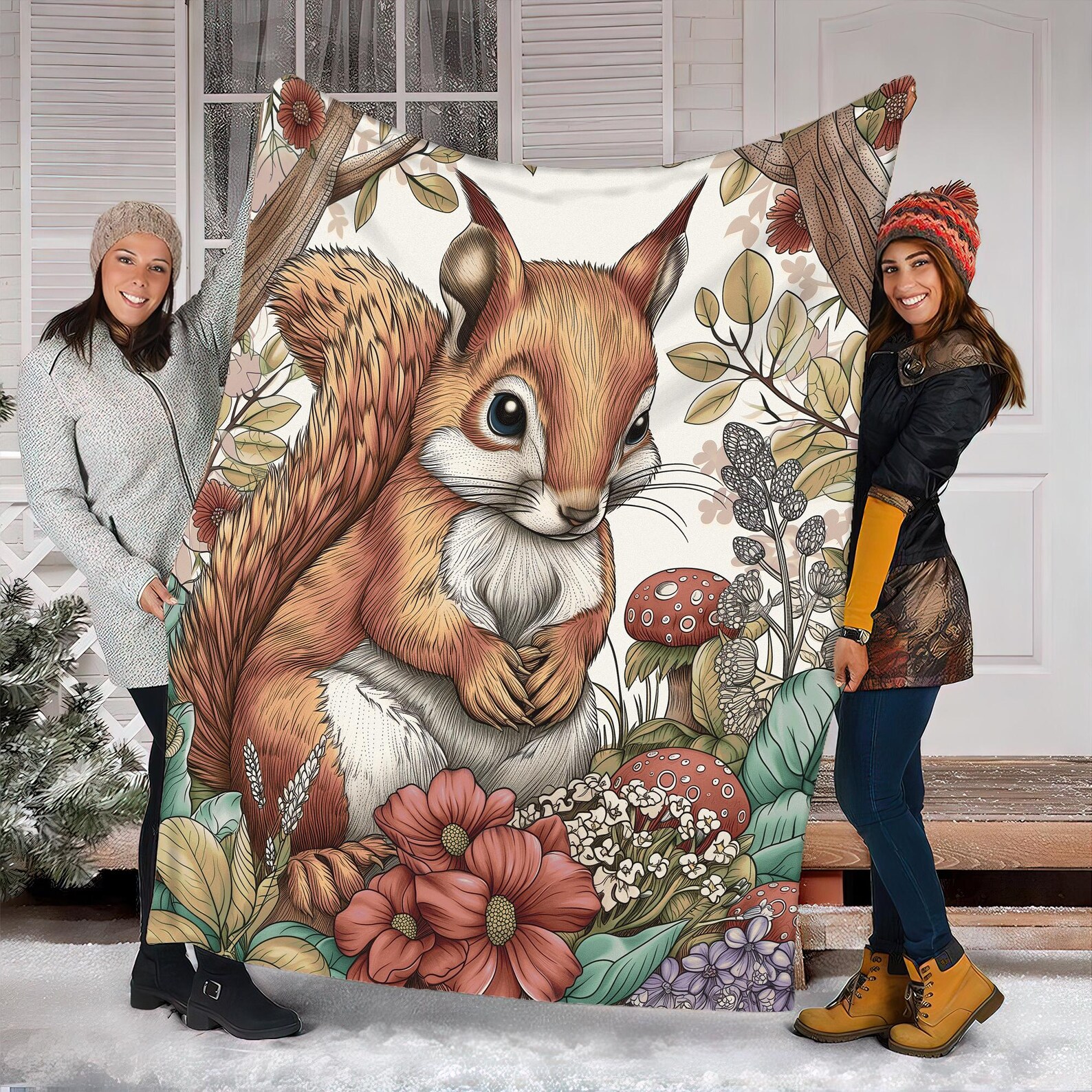 Vintage Floral Squirrel Christmas Woven Throw Blanket, Forest Squirrel ...