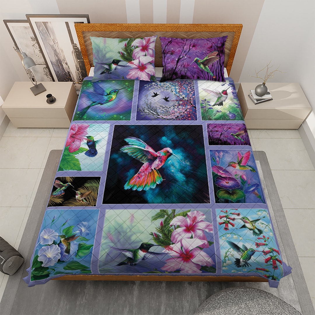Colorful Hummingbird Quilt Bedding Set, Bird Watching Quilt Blanket ...