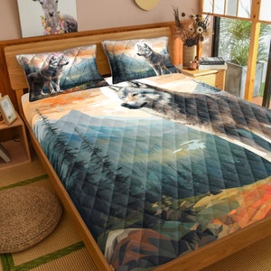 Vintage Gray Wolf in the Forest Quilt Bedding Set, Retro Gray Wolf ...
