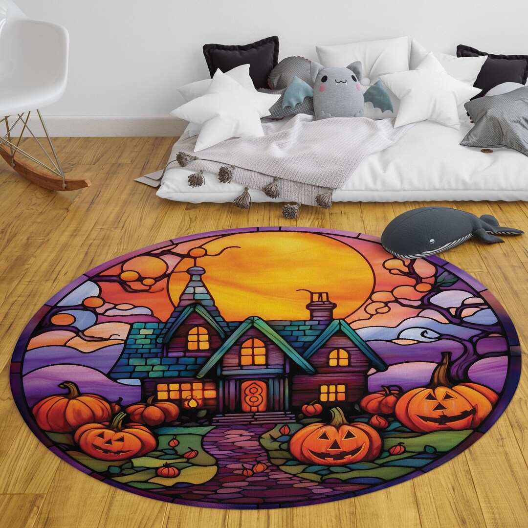 Vintage Haunted House Halloween Round Rug, Jack-o'-lantern Pumpkin ...