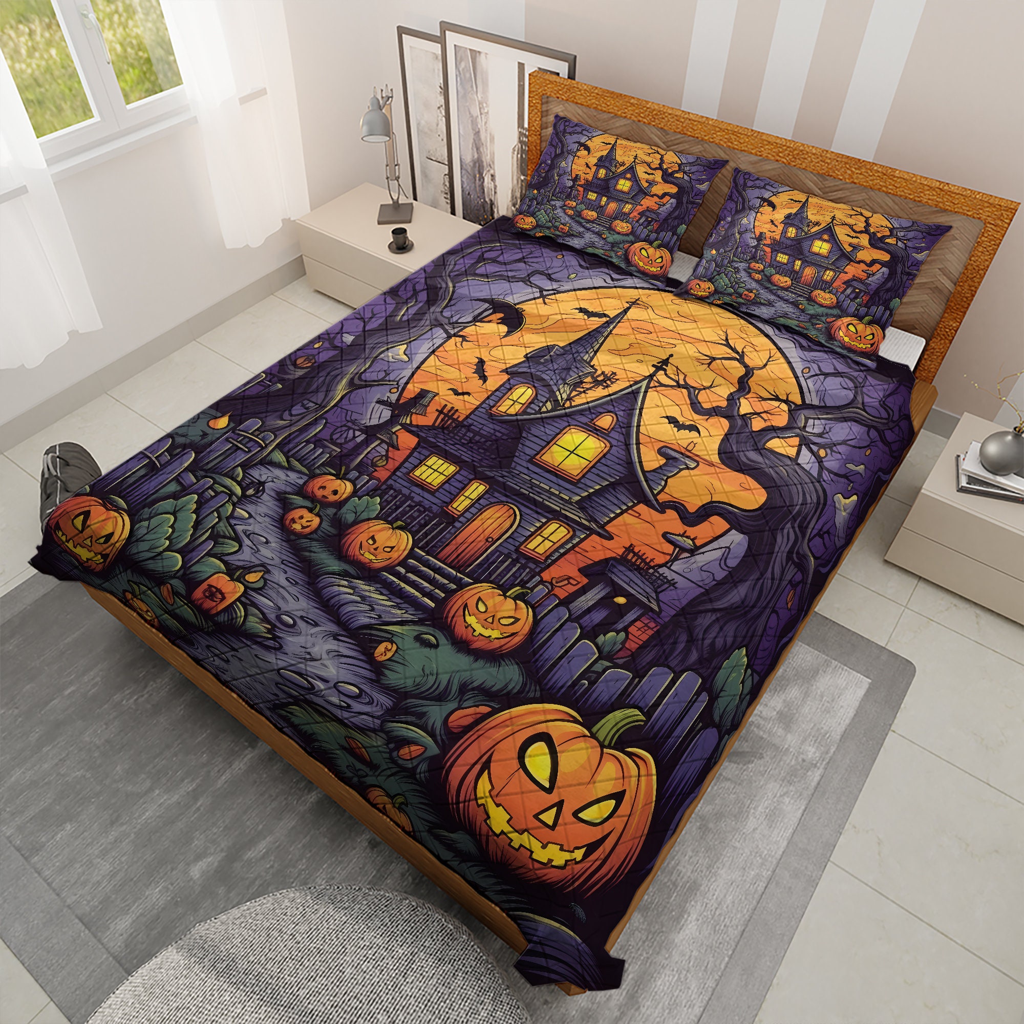 Vintage Haunted House Halloween Quilt Bedding set, Retro Trick or treat ...