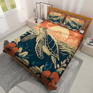 Vintage Sea Turtle With Hibiscus Flowers Quilt Bedding Set, Retro ...