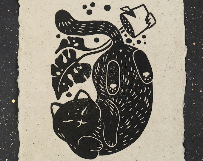 Monstera Cat Cute Linocut Print Original Handprinted Artwork - Etsy