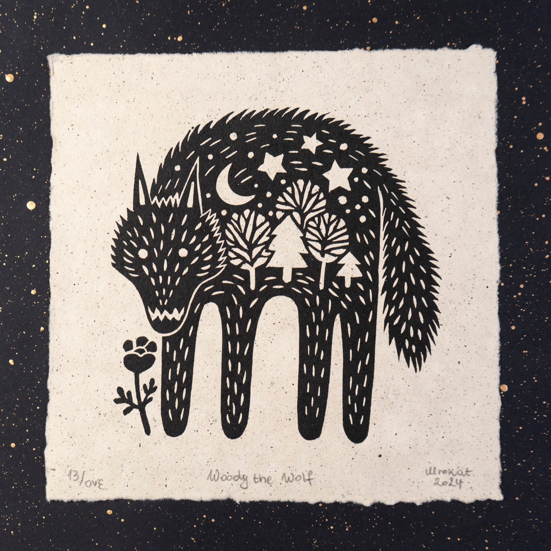 Woody the Wolf Linocut - Cute & Funny Print - Original Handprinted ...