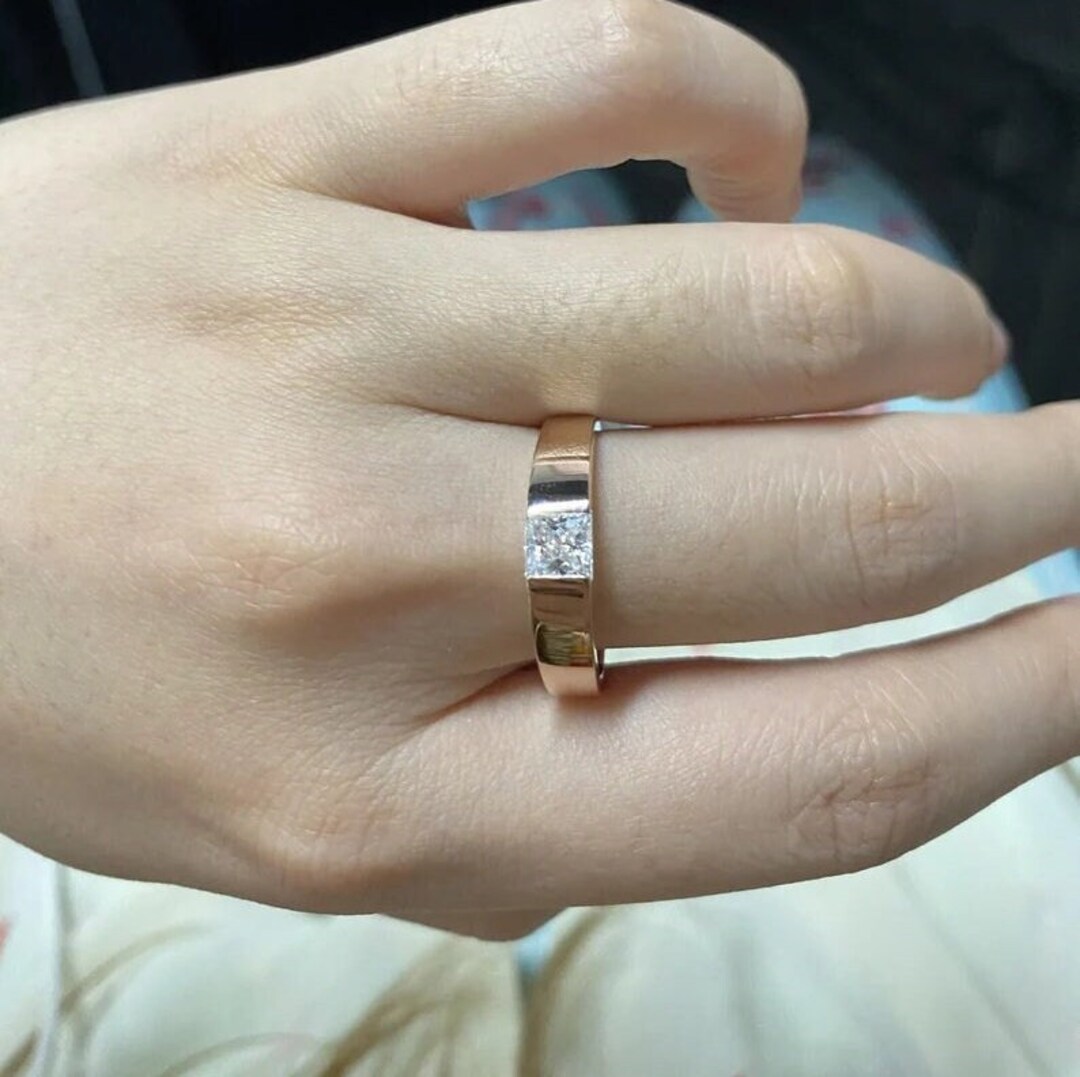 Princess Diamond Bezel Set Cigar Band Ring 14K Solid Gold - Etsy