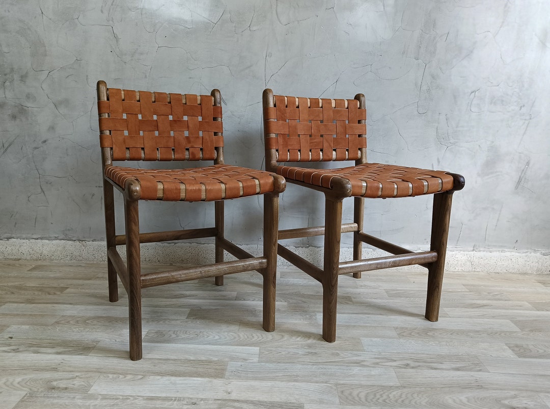 Dining Chair Set Teak Wood With Leather Strap Seat Woven - Etsy