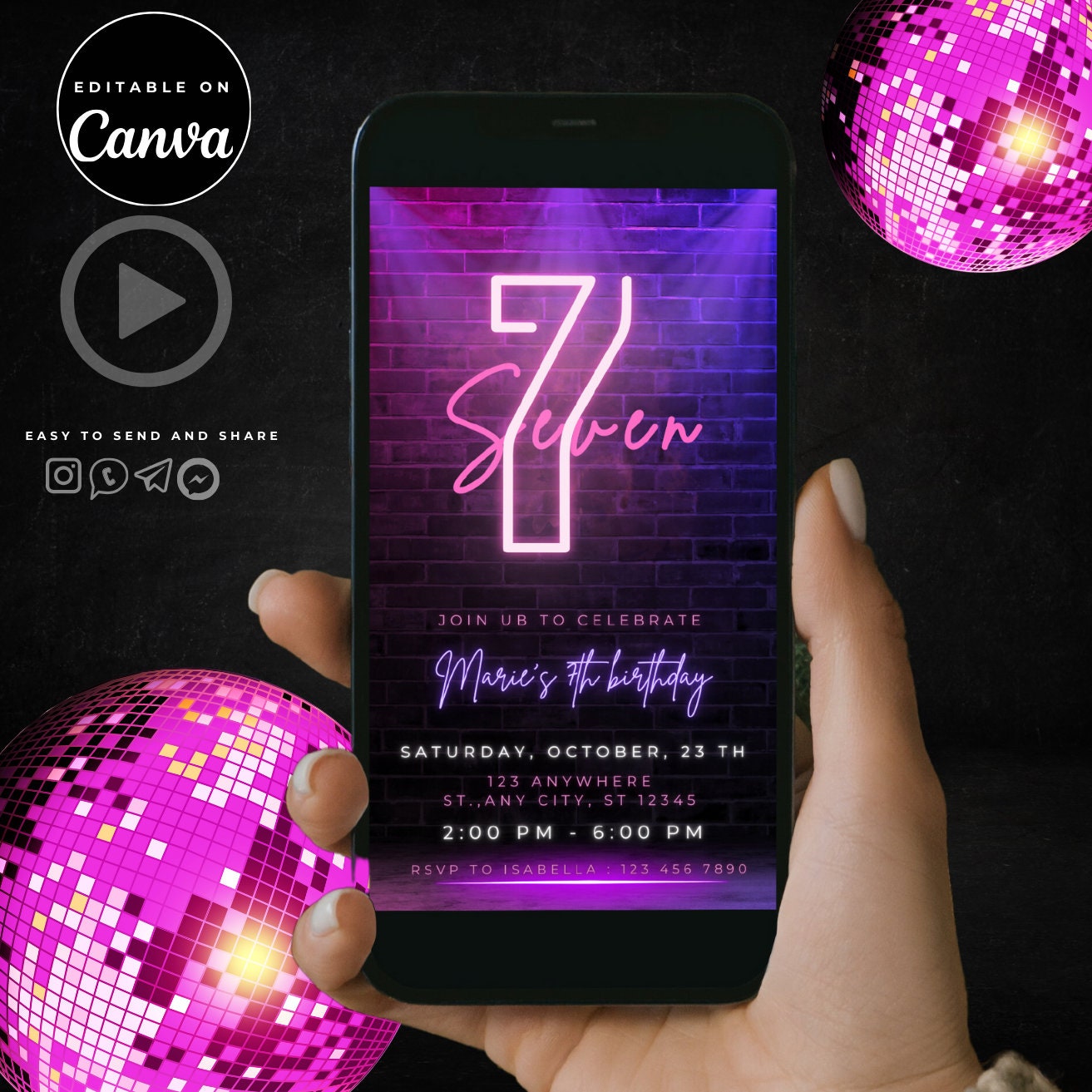 7th Birthday Animated Video Invitation, Digital Birthday Invite, Neon ...