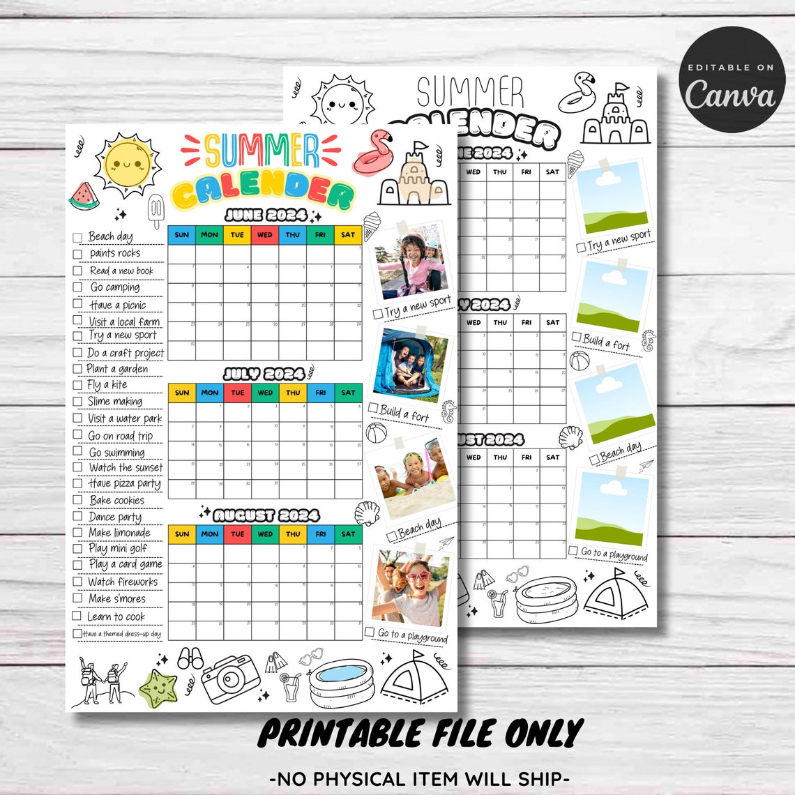2024 Summer Calendar Printable Summer Bucket List for Kids Summer ...