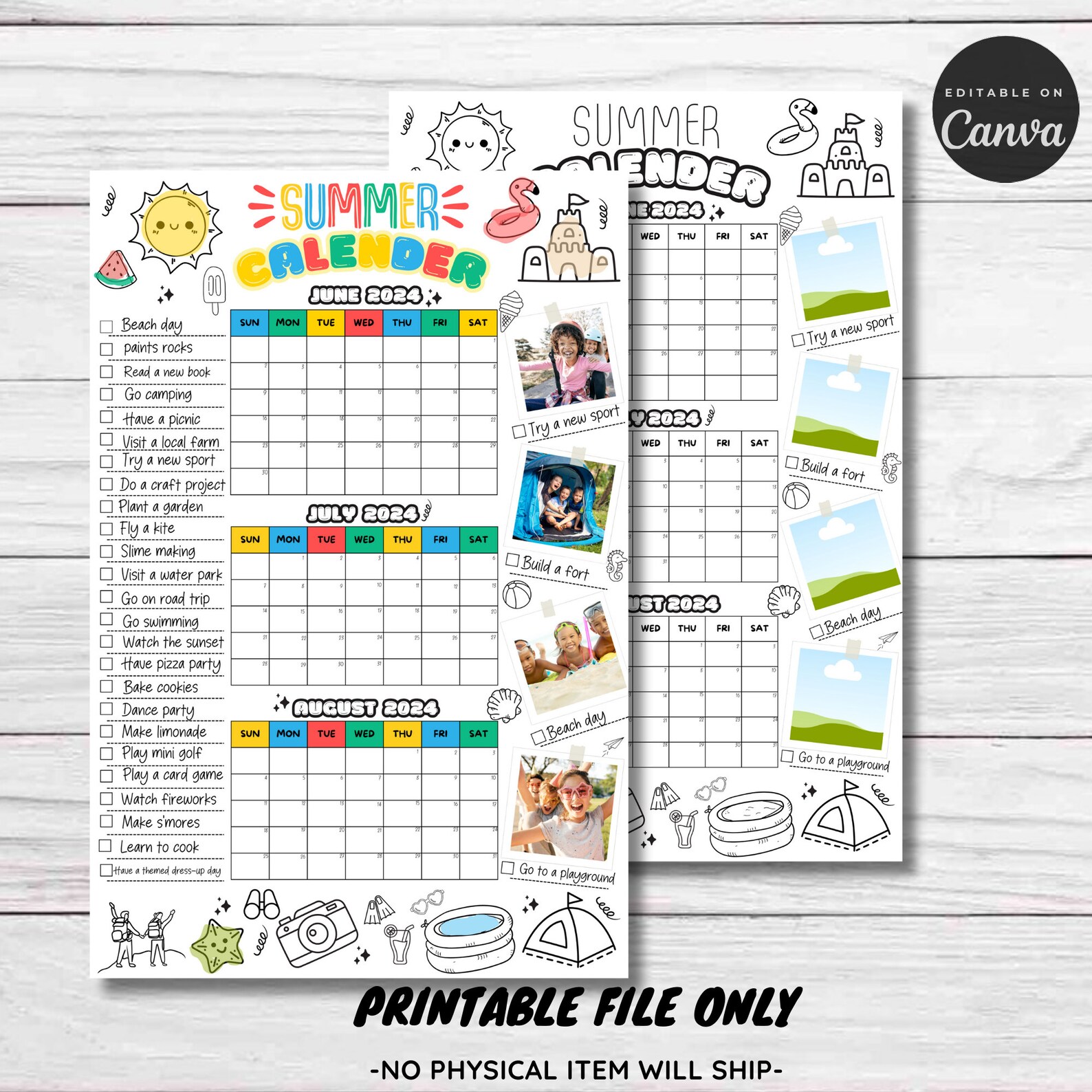 2024 Summer Calendar Printable Summer Bucket List for Kids Summer ...