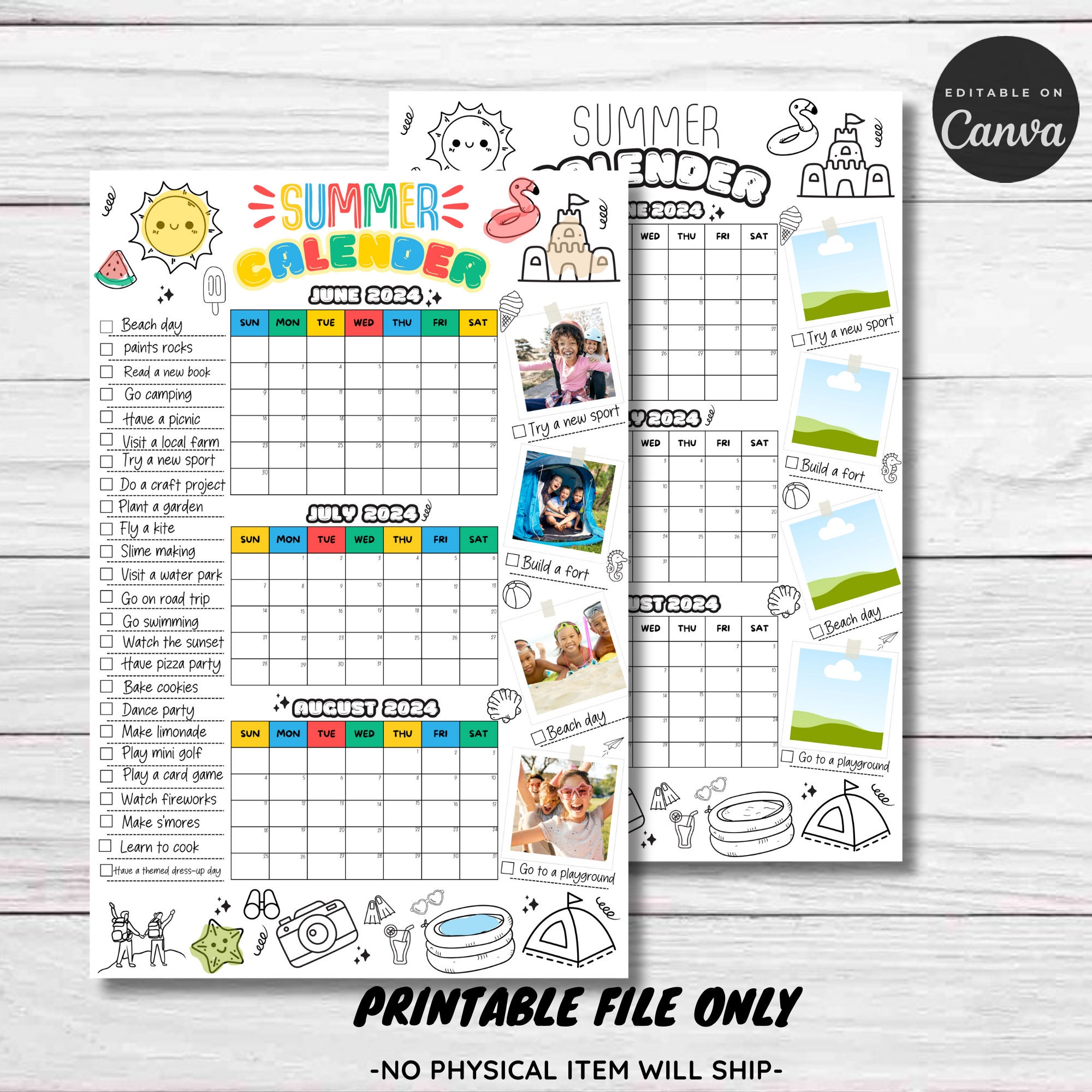 Editable Summer Calendar Large Wall Calendar 2024 Summer Fun Calendar ...
