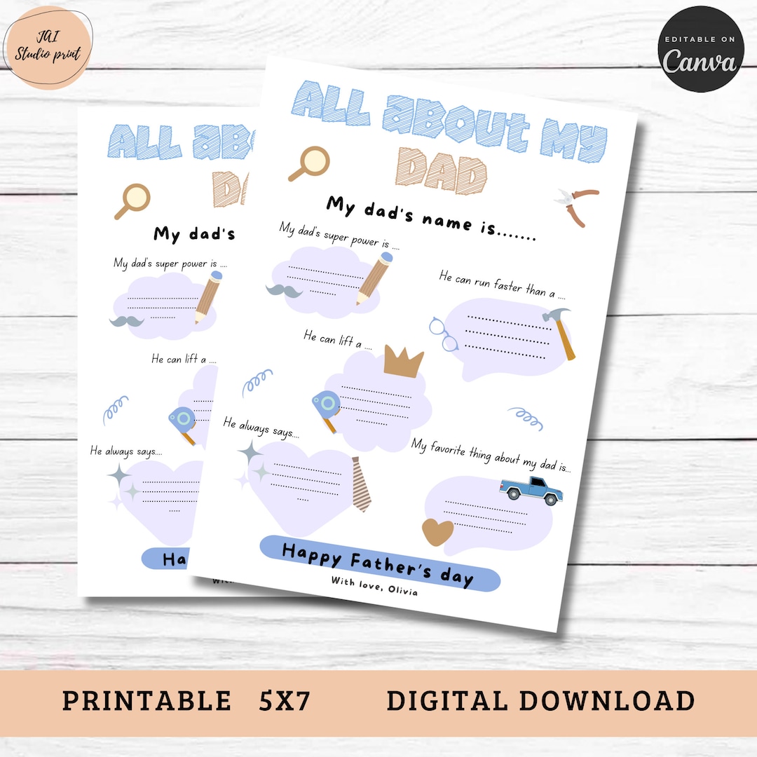 Printable All About My Dad, Fill in the Blank for Father's Day, Father ...