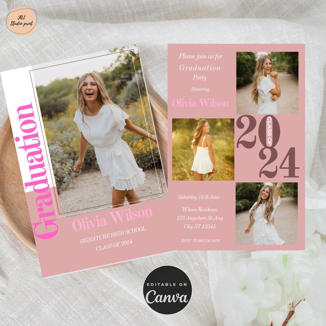 Pink Graduation Announcement Card, Minimalist Senior Announcement Card ...